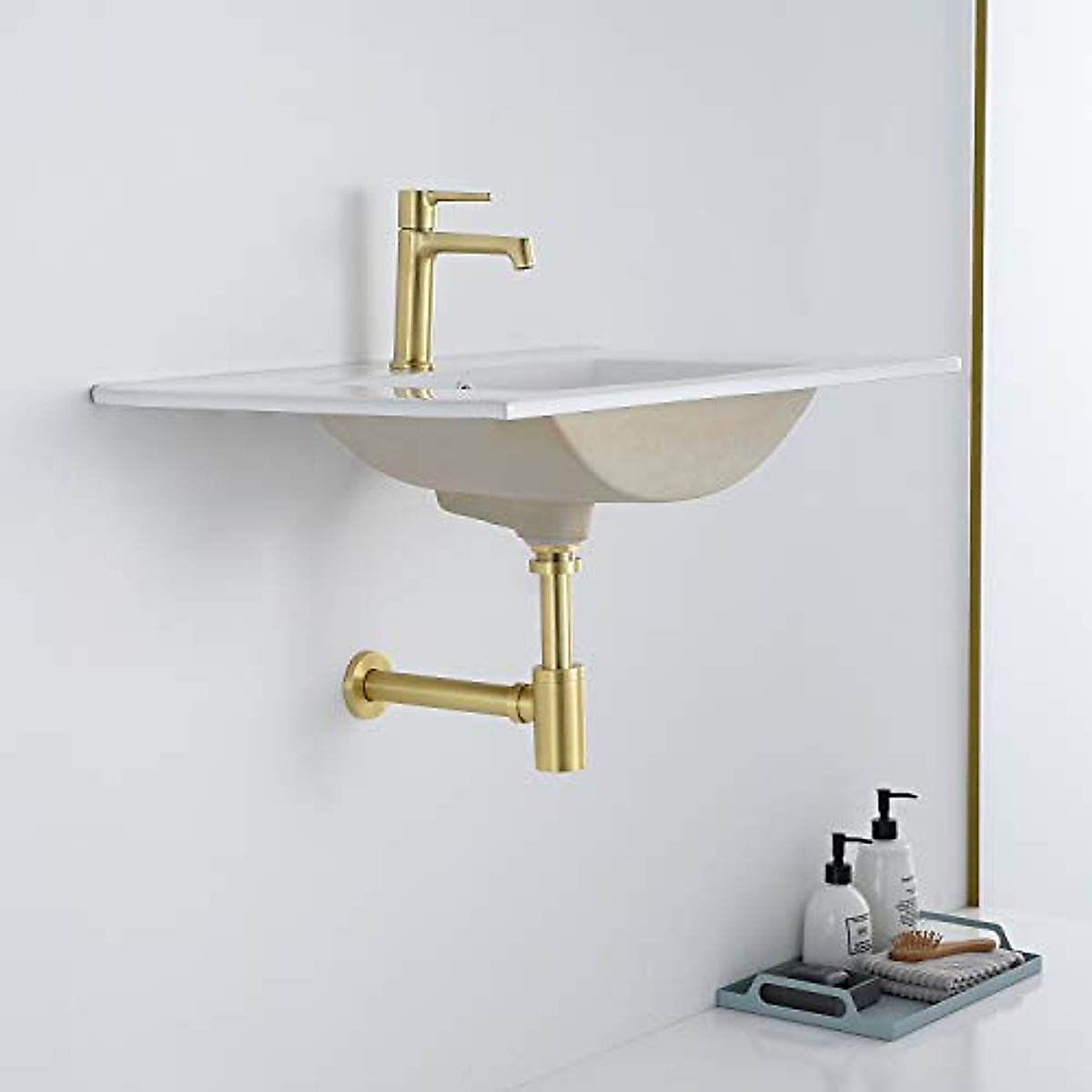 Miraga Bathroom Sink Stopper P-Trap Complete Set Adjustable 1-1/4 Sink Drain Kit Tube Solid Brass Bottle Trap w/Pop Up Drain Stopper Set, Overflow Version, Brushed Gold