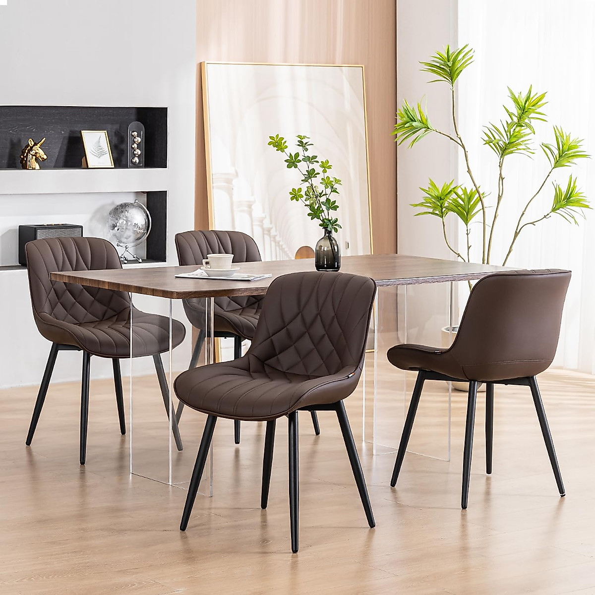 YOUNUOKE Dining Chairs Set of 2 Mid Century Modern Kitchen Chair Comfortable Upholstered Faux Leather Dinner Chairs for Kitchen Dining Room, Brown