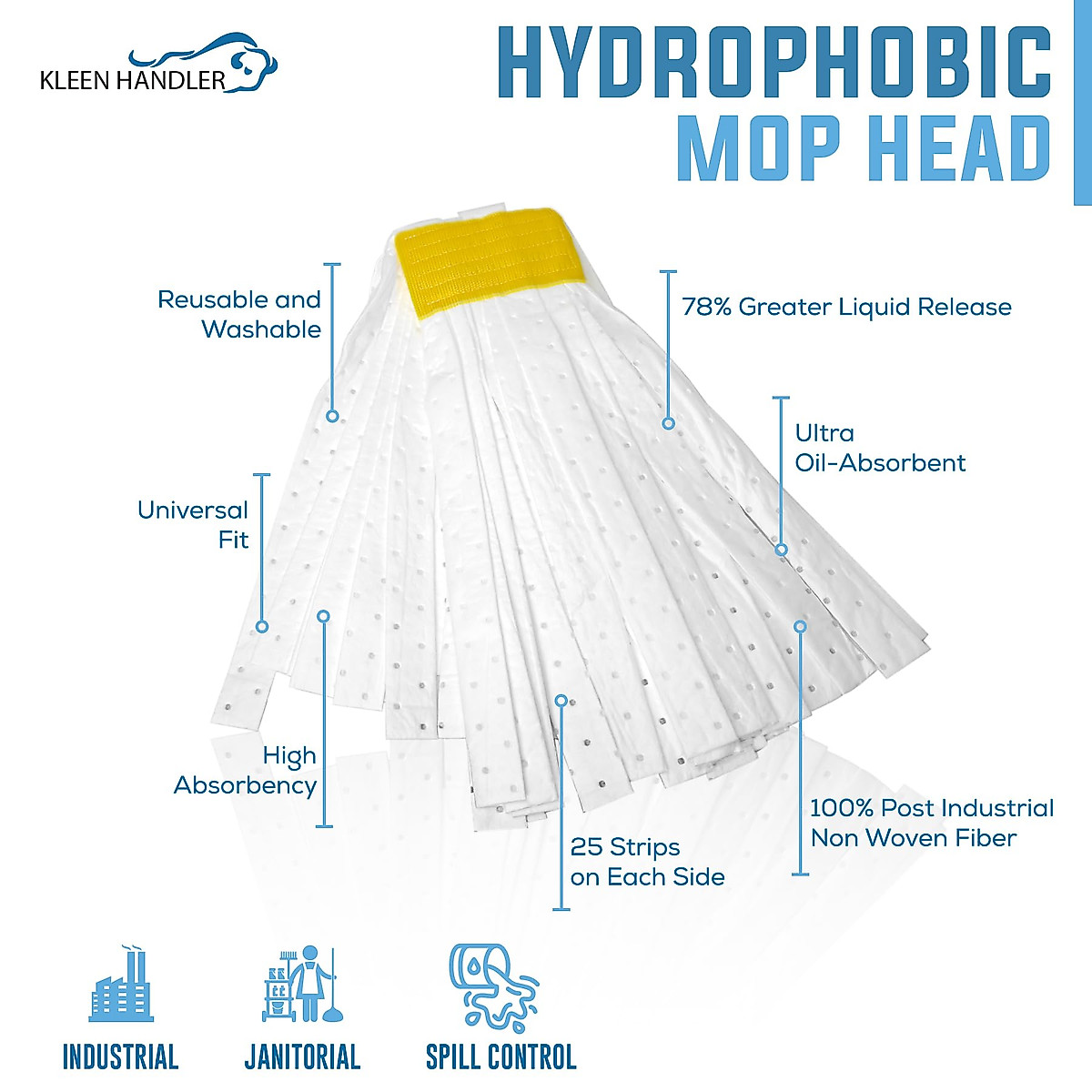 KLEEN HANDLER Mop Head Replacement 6-Pack Hydrophobic Industrial Mop for Oils and Spills – Heavy-Duty Mop for Industrial, Commercial, Janitorial Cleaning – Non-Woven Oil-Absorbent Material