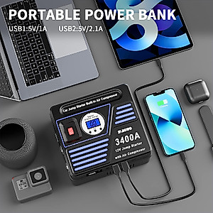 3400A Car Jump Starter with Air Compressor, 150PSI Tire Inflator with Digital Screen Pressure Gauge, 24000mAh 12V Auto Battery Booster (10.0L Gas/ 9.0LDiesel Engine), 2 USB Port 2 Light