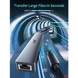 USB C Hub, uni 5-in-1 USB C to Ethernet Adapter Hub with 4K USB C to HDMI, 1Gbps Gigabit Ethernet Port, 3 USB 3.0 Ports (Aluminum Shell, Nylon Braided Cord) for MacBook Pro, iPad Pro, XPS and More