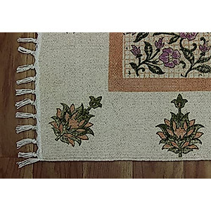 Casavani Hand Block Printed Cotton Dhurrie Floral Green & Pink Tassel Rug Easy Care Washable Rugs for Doormat Entryway Living Room Bedroom Hallway Balcony 9x9 Feet Square