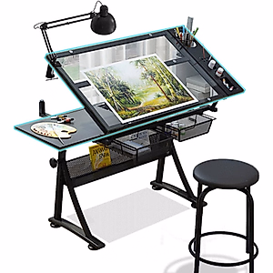 XiVue Adjustable Glass Drafting Table,Versatile Art Study Table,with Storage Drawers,Art Studio Design Sketching Painting Work Station