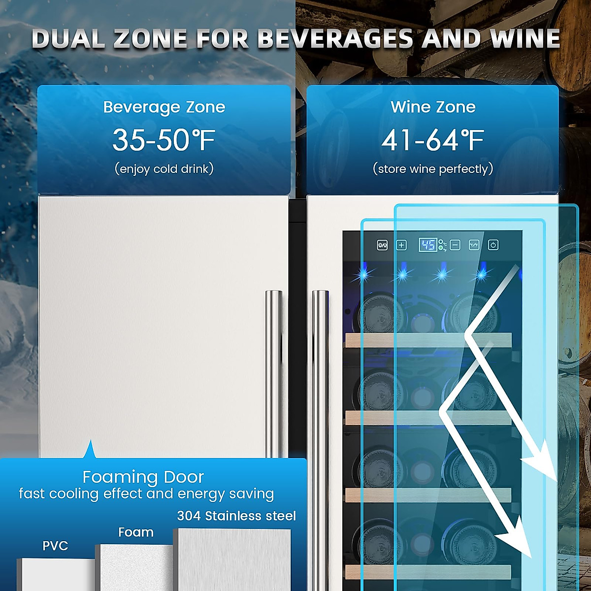 Mojgar Wine and Beverage Refrigerator, 24 Inch Dual Zone Wine Fridge with Safety Locks, Under Counter Wine Cooler Beer Fridge Built-In or Freestanding, Holds 20 Bottles and 57 Cans