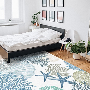 Debedcor Blue Coral Area Rug for Living Room, Coastal Ocean Nautical Rectangular Indoor Carpet - 2' x 3', Summer Starfish Shells Marine Themed Non-Skid Bathroom Mat Kitchen Runner Rugs for Bedroom