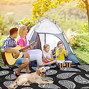 Deeliva Outdoor Camping RV Rug Mat, 9'x12' Waterproof Large Camper Rug Reversible Plastic Straw Rug Outdoor Rugs for Camping, RV, Patio Clearance, Deck, Picnic, Beach (Black & White, Paisley)