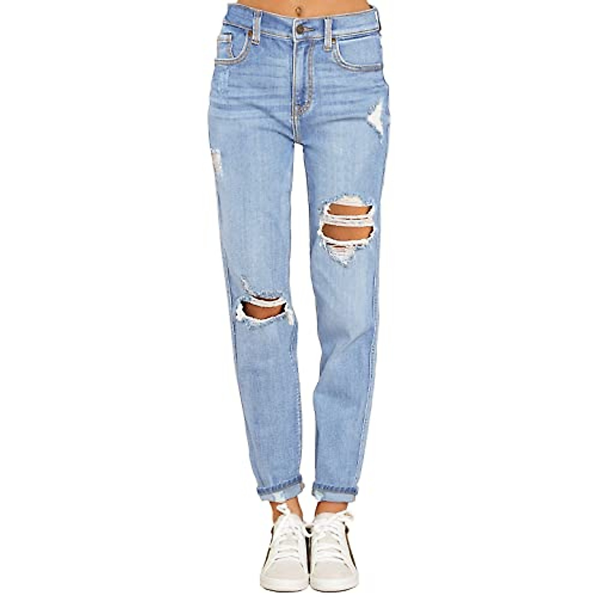 GRAPENT Jeans for Women High Waist Stretchy High Waisted Ripped Distressed Mom Jeans Boyfriend Tapered Ankle Length Denim Jean Pants Ballad Blue Color Size Medium Size 8 - Size 10