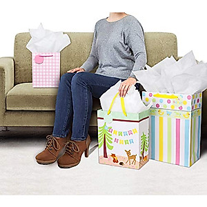 FZOPO Baby Gift Bag Assortment, Heavy Duty Paper Gift Bags, Pack of 12 Small, Medium, Extra Large Bags for Baby Shower, Birthday, Parties, Baby Girl, and Baby Boy