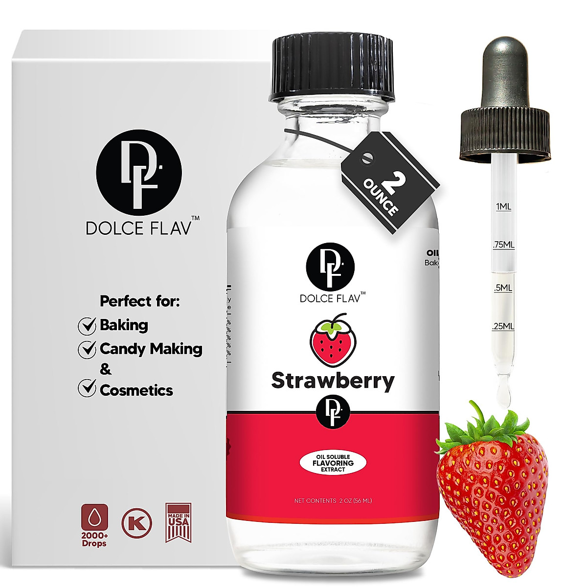 Dolce Flav Strawberry Extract 2 oz – Kosher, Sugar-Free, Concentrated Berry Flavor for Candy, Chocolates & Desserts, Includes Measured Dropper