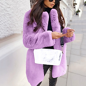 MOKINGTOP Winter Coat,Women’s Faux Fur Coat Winter Warm Coats Furry Fuzzy Outerwear Hidden Button Soild Label Luxury Long Jacket for Party Purple Coats For Women