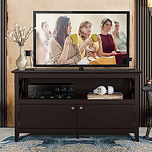 Yaheetech X Shape Wooden TV Table Stand for TVs Up to 50 in, Media Entertainment Center Console Table with Storage Cabinets & Open Shelf, 2 Doors Living Room Furniture, Espresso