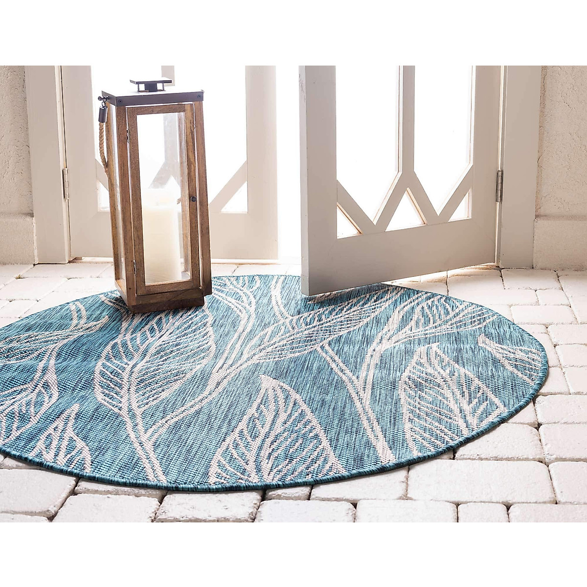 Unique Loom Outdoor Botanical Collection Area Rug - Leaf (4' 1" Round, Teal/ Ivory)