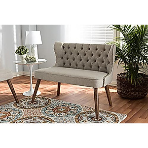 Baxton Studio Scarlett Mid-Century Modern Brown Wood and Light Beige Fabric Upholstered Button-Tufting with Nail Heads Trim 2-Seater Loveseat Settee