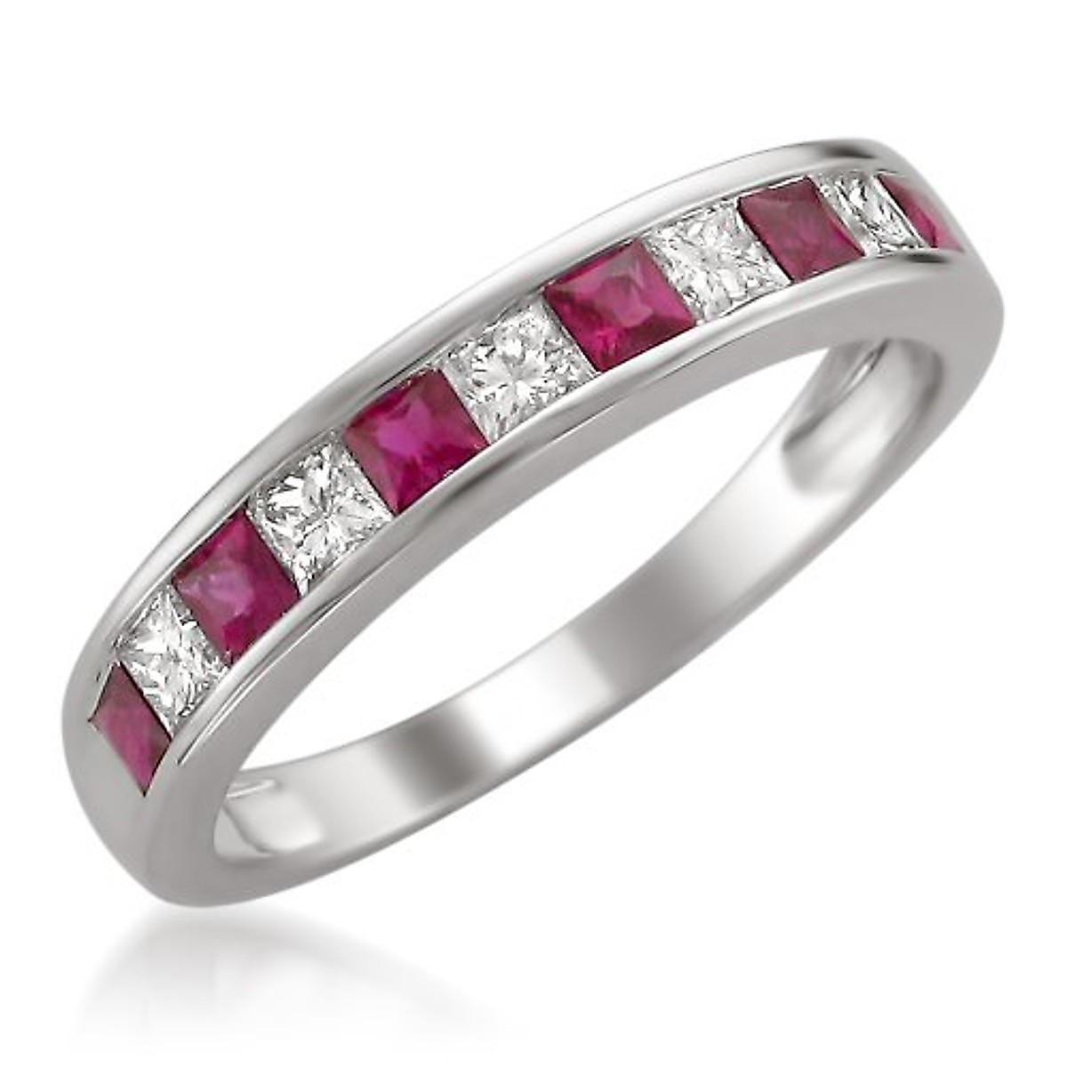 Beyond Brilliance 0.55 Carat Diamond, Channel-Set 14K White Gold Princess Cut Diamond and Red Ruby Wedding Band Ring (H-I, I1-I2) Natural Diamond Wedding Band For Women | Gift Box Included Size-4