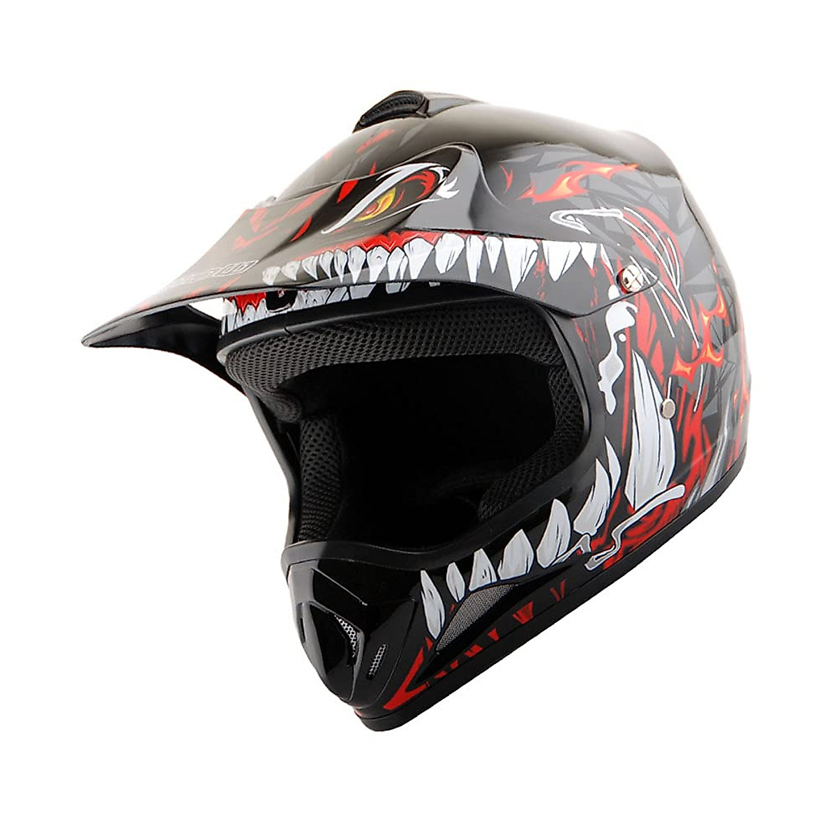 WOW Youth Kids Motocross BMX MX ATV Dirt Bike Helmet Dragon Dianasour Red + Goggles + MG Youth Red Glove Bundle