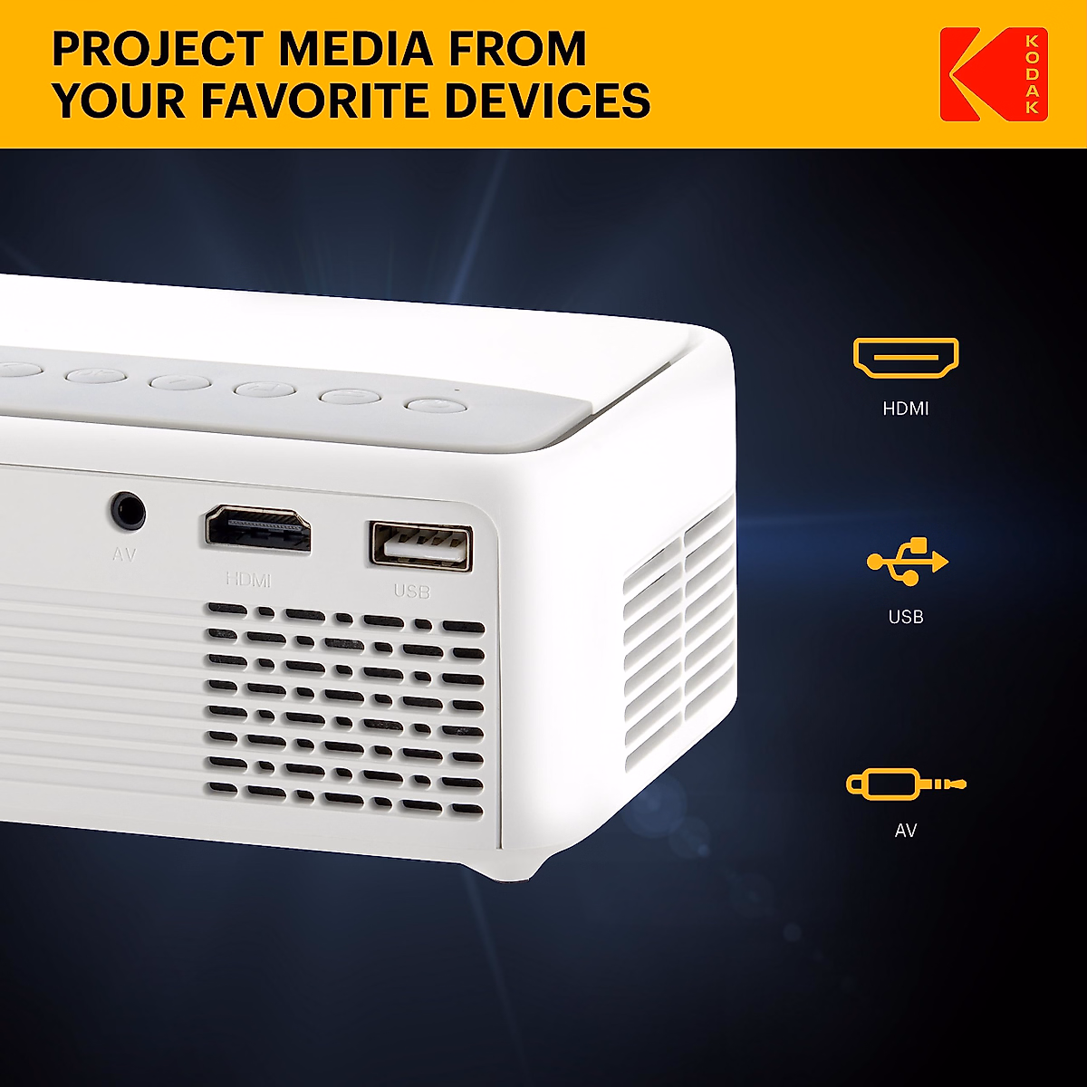 KODAK FLIK X1 Mini Pico Projector | Portable Compact 100” Projector with Remote Control & 2W Speakers Plays Movies, TV Shows & Games | Compatible with HDMI, USB, AV, Smartphone, Firestick | White