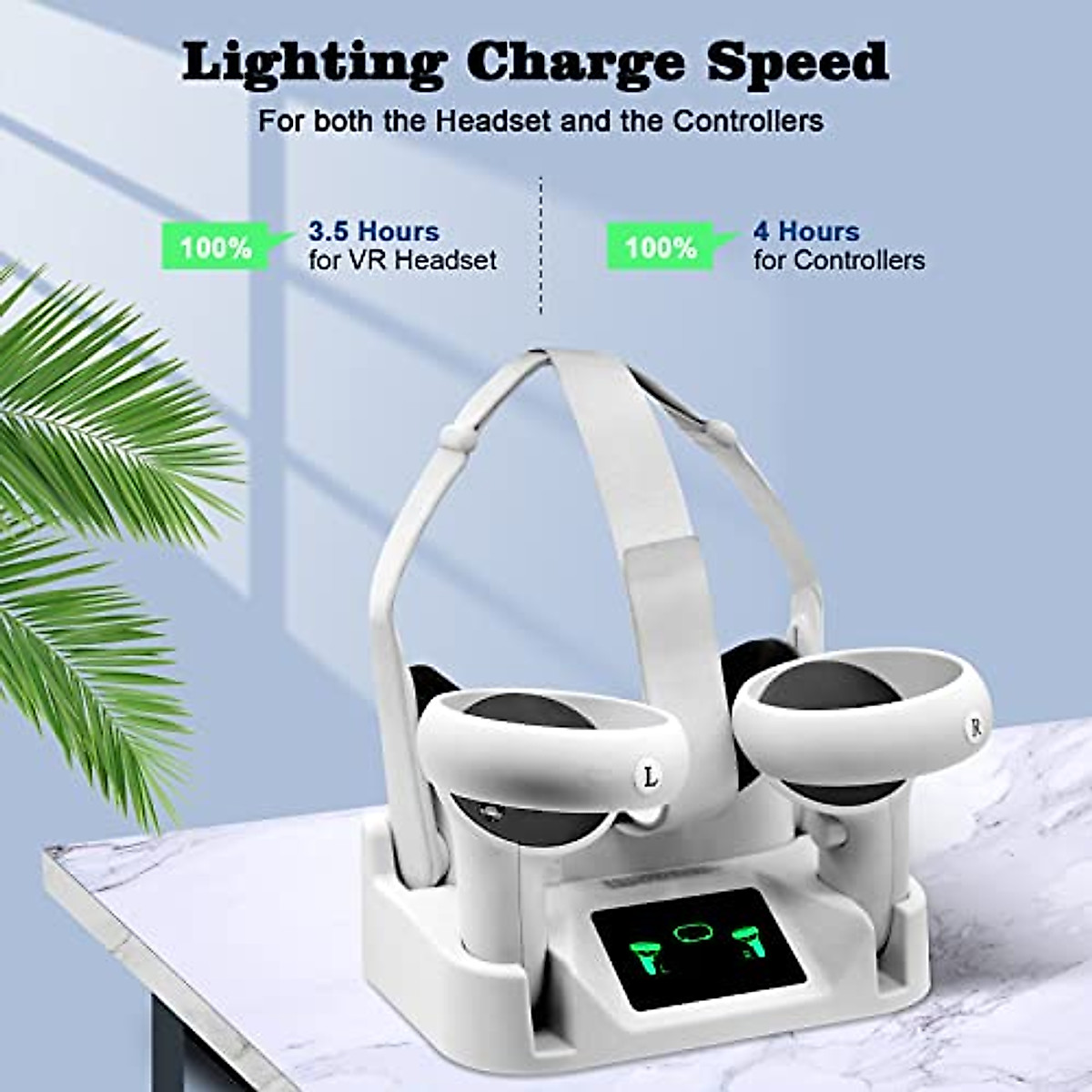 VR Charging Station for Oculus/Meta Quest 2, Charging Dock Stand Set with 2 Rechargeable Batteries(Support Elite Strap), Magnetic Charging Headset and Touch Charging Controller, USB-C Charger Cable