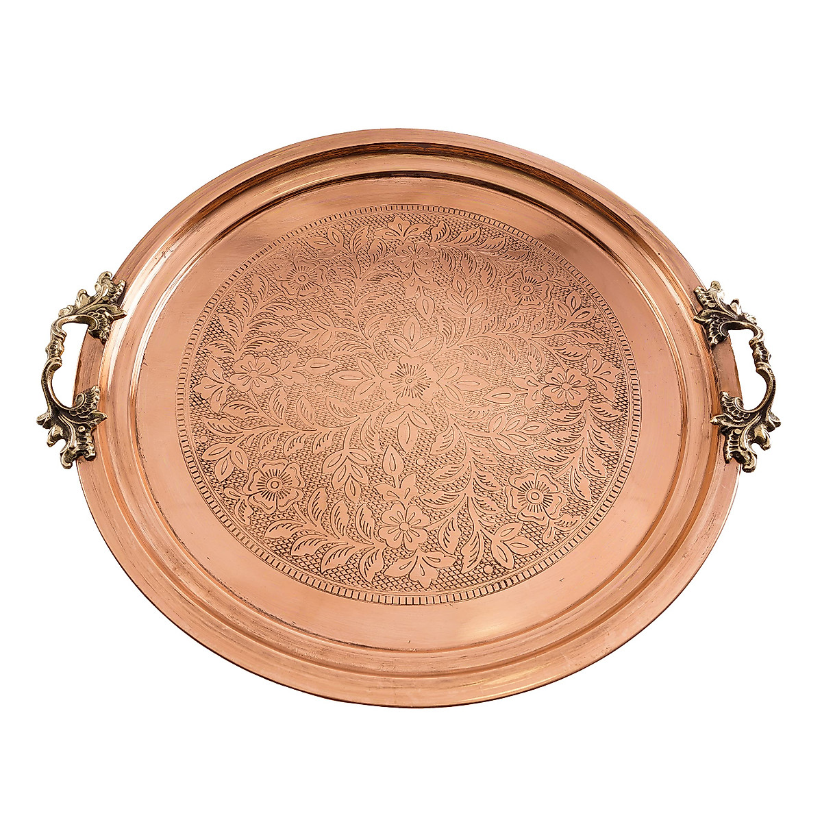 Hammered Copper Serving Tray with Brass Handle - Decorative Round Coffee Table Tray - Multi-Purpose Kitchen Food Tray Decorative for Breakfast, Dinner, and Parties, 14 Inch (Flower Design)