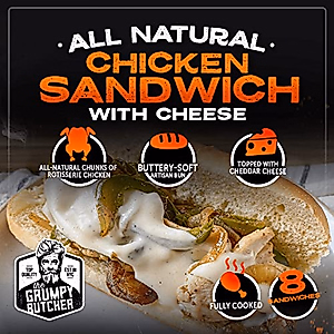 Grumpy Butcher Chicken Sandwiches (8 pack, each 4 oz) | Pulled Chicken with Caramelized Onions & Cheese | Fully-Assembled On Premium Bun | Just Heat & Eat