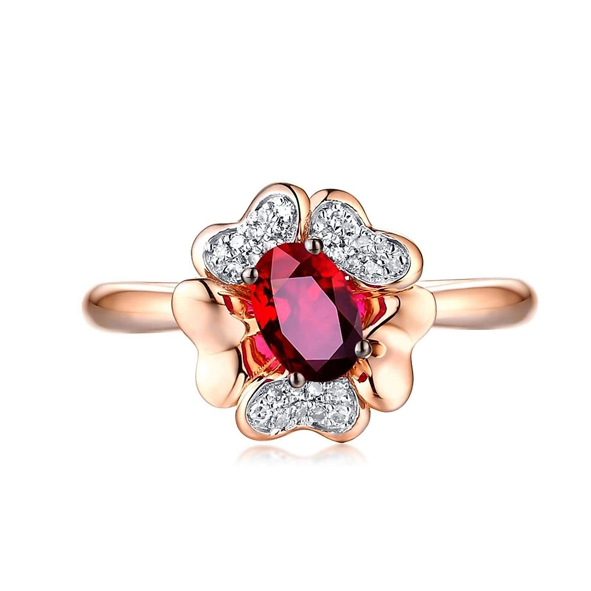 KnBoB Women Flowers Oval Shape 0.6ct Ruby Ring 18K Rose Gold Promise Wedding Engagement Bridal Anniversary Ring Size 7