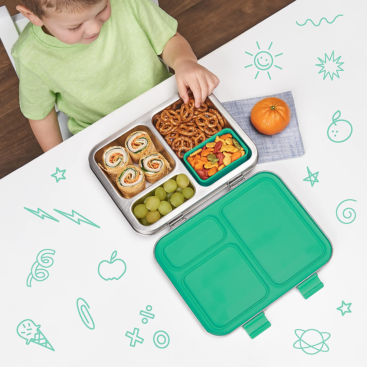 Bentgo® Kids Stainless Steel Leak-Resistant Lunch Box - Bento-Style Redesigned in 2022 w/Upgraded Latches, 3 Compartments, & Extra Container - Eco-Friendly, Dishwasher Safe, Patented Design (Green)