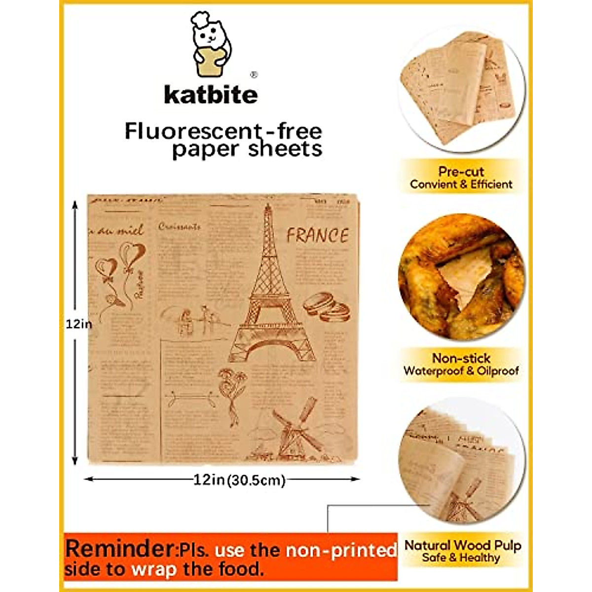 Katbite 100 Pcs Sandwich Wrapping Paper, Deli Paper Sheets 12x12 inch Food Basket Liners, Grease Proof & Non-stick Baking Parchment Paper is Perfect for Home, Picnic, Tray, Wrap, Burger and Burrito
