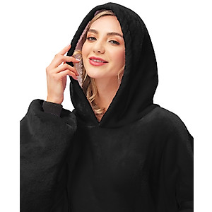 Kipswiza Oversized Sherpa Blanket Hoodie for Adult Women Men Teen - Thick Warm Wearable Hooded Sweatshirt Blanket Black