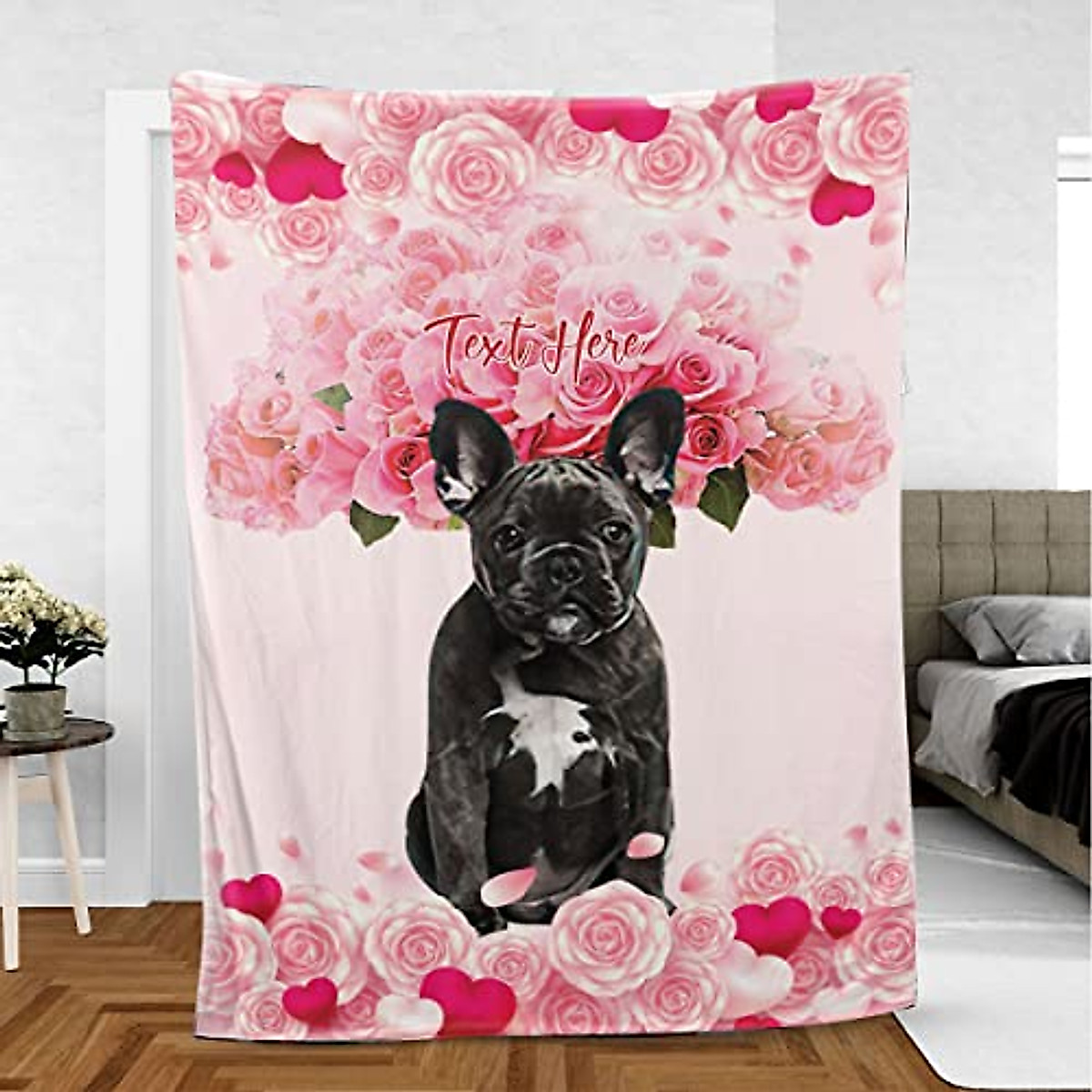 OhaPrints Custom Frenchie French Bulldog Dog Lover Personalized Name Soft Sherpa Throw Blankets Cozy Fuzzy Fleece Throws for Tv Sofa Couch Comfy Fluffy Blanket 30X40 50X60 60X80