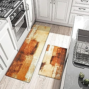 KIMDOE Boho Kitchen Rugs and Mats 2PCS Cushioned Anti Fatigue Kitchen Mat Non-Skid Waterproof Kitchen Runner Rug Ergonomic Comfort Standing Mat for Home Decor,Floors,Office,Laundry,Abstract Orange