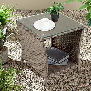 PHIKOOVA Outdoor Wicker Side Table Patio Coffee Table Wicker Bistro End Table Outdoor Square Tempered Glass Top End Table All Weather Metal Rattan Furniture Table with Storage,Light Brown