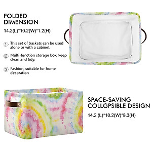 Kigai Rainbow Tie Dye Storage Baskets Rectangle Foldable Canvas Fabric Organizer Storage Boxes with Handles for Home Office Decorative Closet Shelves Clothes Storage