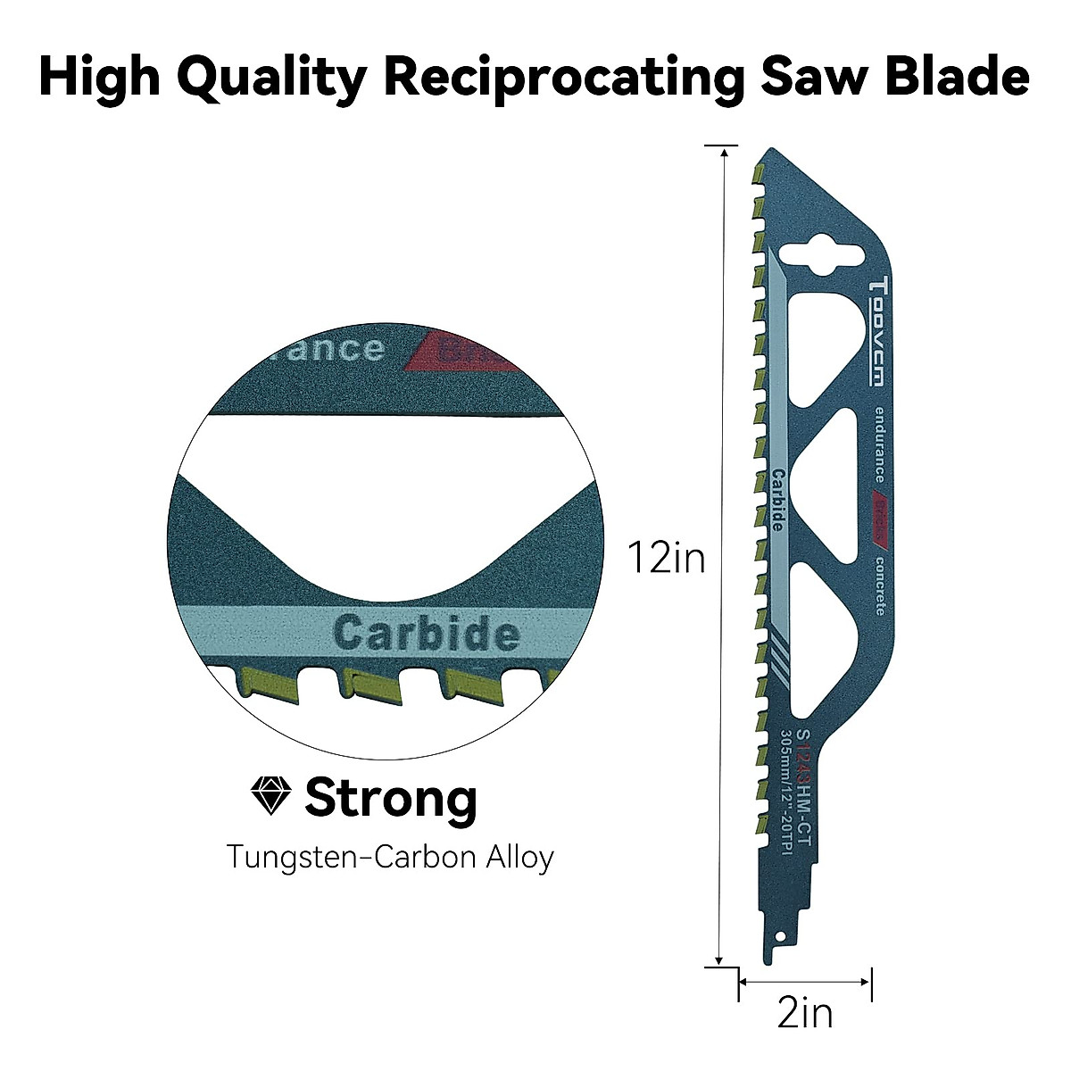 TOOVEM 2PCS Reciprocating Saw Blades,20 TPI Teeth Tipped Cutting Recip Saw Blade, Demolition Masonry Hard Alloy Saw Blades with High Strength for Cutting Wood,Hollow Cement Brick,Porous (12"12"/305mm)