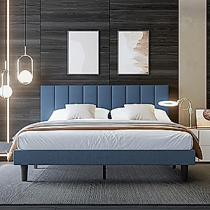 yoyomax Full Size Upholstered Bed Frame Platform with Linen Fabric Headboard and Strong Wooden Slats Support, Non-Slip & Noise-Free, Easy Assembly, No Box Spring Needed, Blue