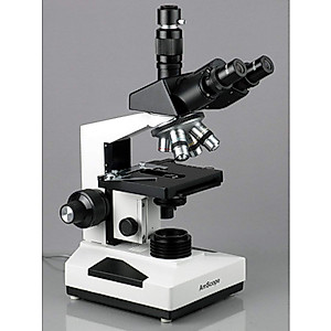 AmScope T490A-PCS Compound Trinocular Microscope, WF10x and WF16x Eyepieces, 40X-1600X Magnification, Brightfield, Halogen Illumination, Abbe Condenser, Double-Layer Mechanical Stage, Sliding Head, High-Resolution Optics, Includes 3 Phase-Contrast Objecti