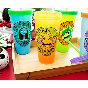 Disney The Nightmare Before Christmas Townsfolk Color-Changing Plastic Tumbler Cups, Set of 4 | Include Reusable Straw and Leak-Resistant Lid
