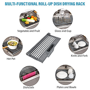 ATTSIL Roll-Up Dish Drying Rack, Multifunctional Rollable Over Sink Dish Rack with Utensil Holder, Foldable Silicone Wrapped Steel Drain Rack for Kitchen Sink Counter, 16.85"(L) x 12"(W)