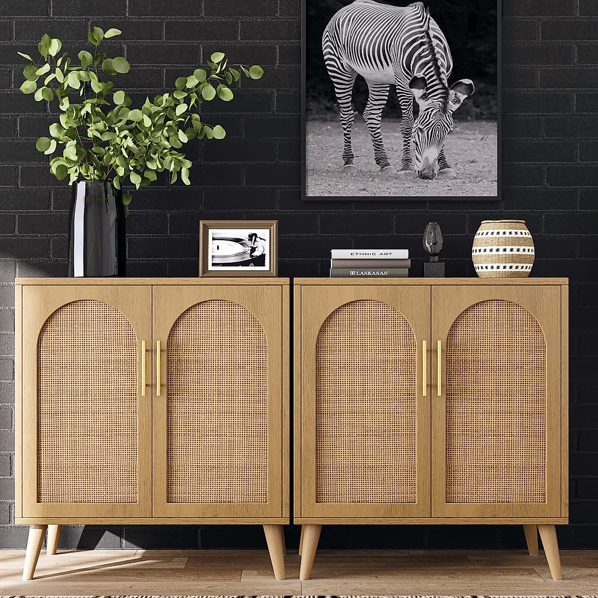 Rovaurx Rattan Storage Cabinet with Doors, Accent Bathroom Floor Cabinet, Modern Sideboard Buffet Cabinet for Living Room, Entryway, Dining Room and Kitchen, Natural BMGZ108M