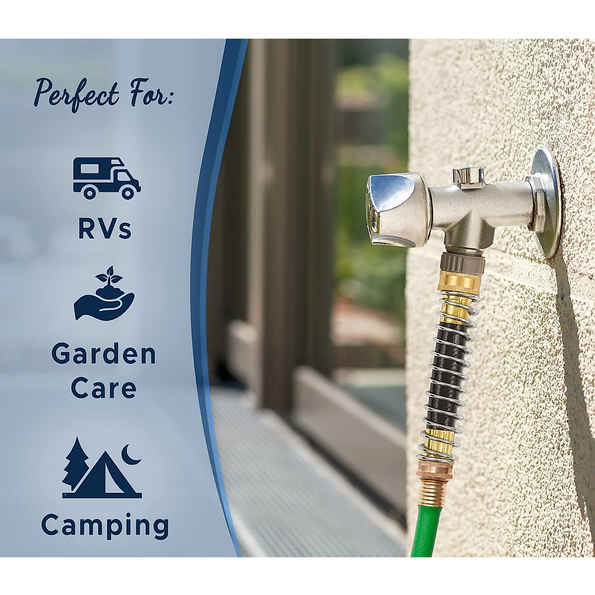 Morvat Brass Coiled Garden Hose Kink & Strain Protector, Hose Extension Connector for Outdoor Water Valve & Faucet, Adapter & Attachment with ¾” Standard Threading, Includes 8 Washers & Tape, 4 Pack