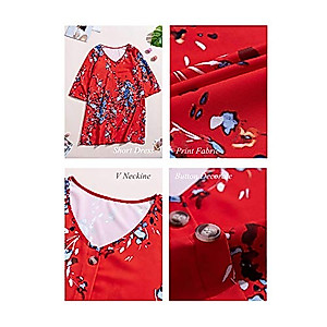 AlvaQ Women Boho Floral Print Dress Summer V Neck Short Sleeve Button Down Loose Skater Mini Dresses Swing Sundress Plus Size Orange 1X