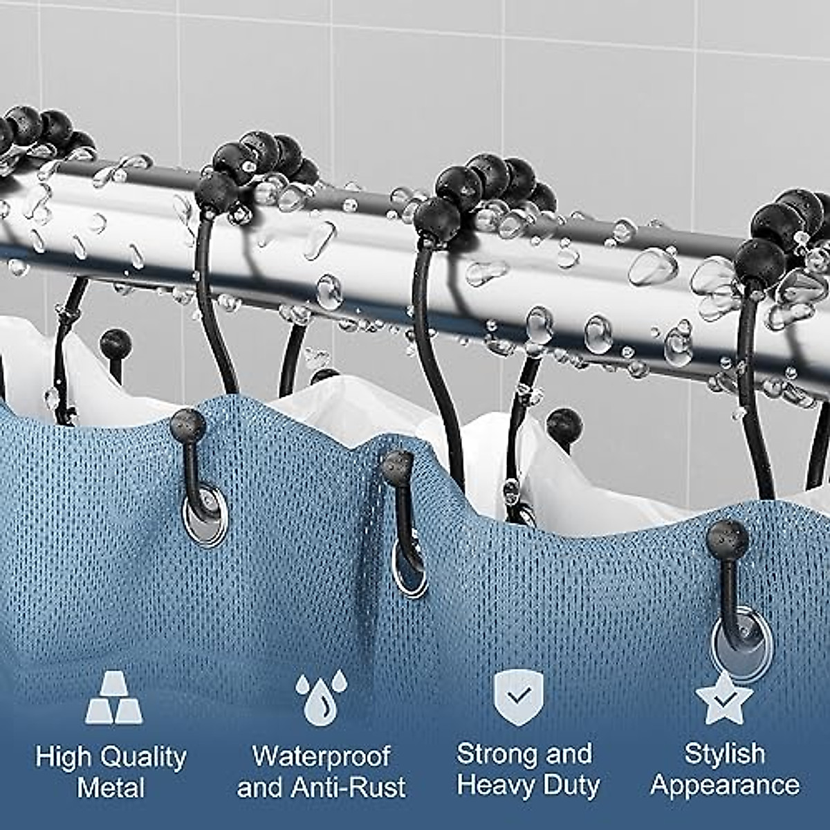 BBLHOME Shower Curtain Hooks, Shower Curtain Rings Rust Proof Metal Smooth Glide Double Shower Curtain Hooks for Bathroom Shower Curtains Rod, Kitchen Utensils,Towels, Set of 12,Black