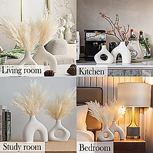 White Ceramic Vase Set of 2 for Modern Home Decor, Round Matte Donut Vases for Pampas Grass, Neutral Boho Nordic Minimalism Style Flower Vases for Living Room Wedding Dinner Table Party Office Bedroom