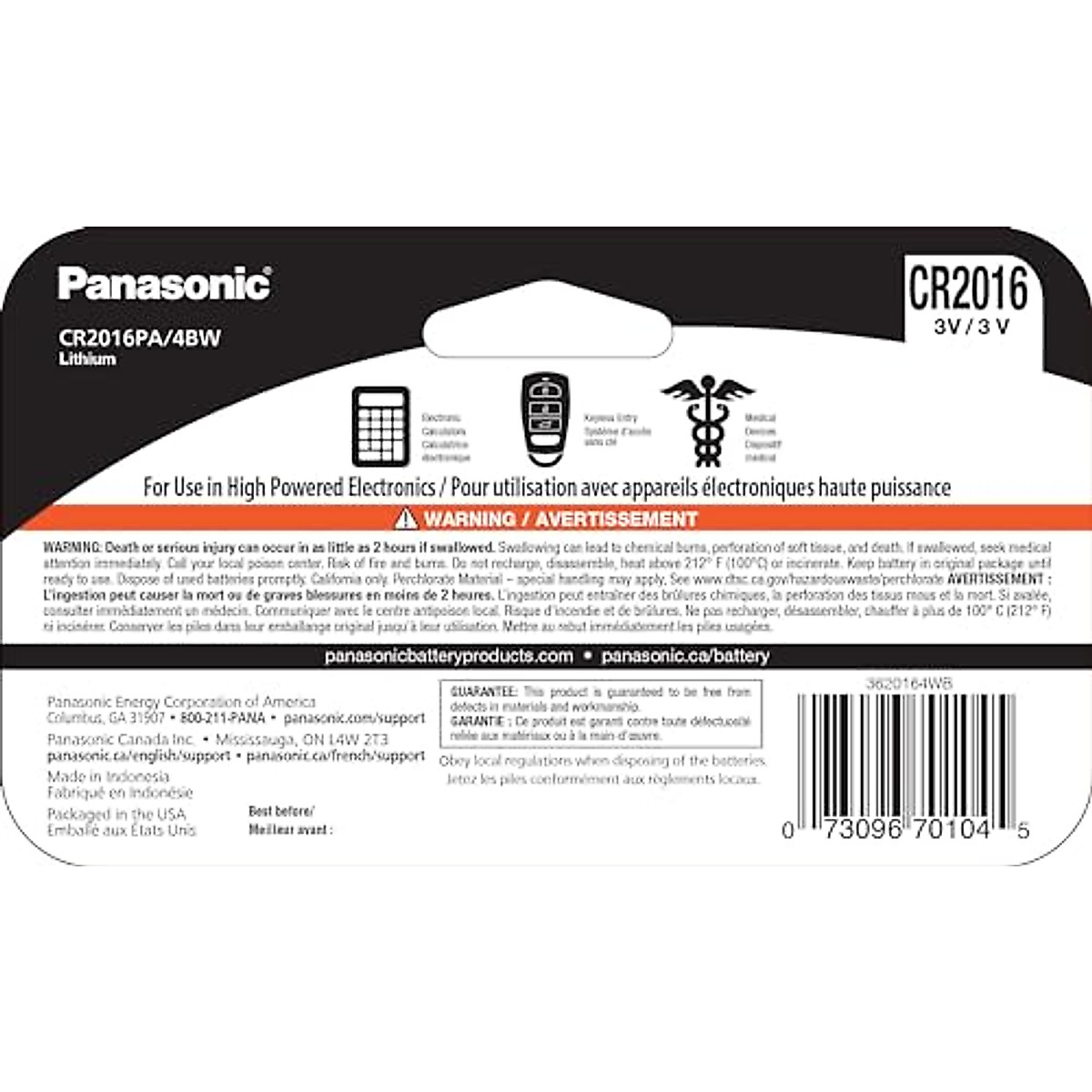 Panasonic CR2016 3.0 Volt Long Lasting Lithium Coin Cell Batteries in Child Resistant, Standards Based Packaging, 4 Pack