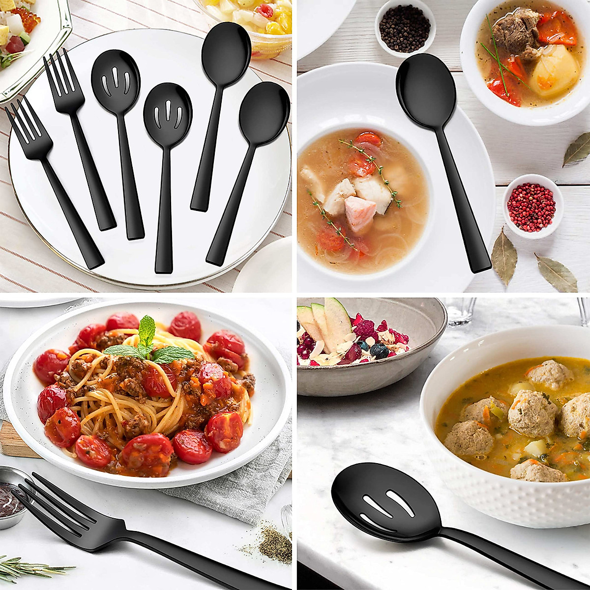 Homikit 66-Piece Shiny Black Silverware Set with Serving Utensils, Stainless Steel Square Flatware Cutlery for 12, Home Restaurant Eating Utensils with Fork Spoon Knife, Mirror Polish, Dishwasher Safe