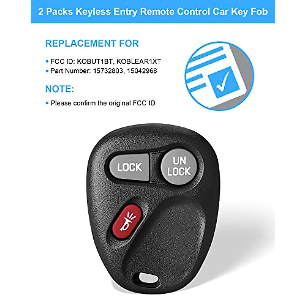 Keyless Entry Remote Control Car Key Fob Replacement for Chevy S10 Silverado Suburban Avalanche Tahoe, GMC Yukon Sonoma Sierra, Cadillac Escalade, 3 Button KOBLEAR1XT (2 Pack)