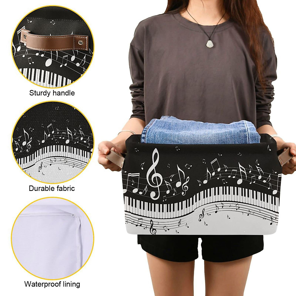 ALAZA Piano Key Music Black Large Storage Basket with Handles Foldable Decorative 1 Pack Storage Bin Box for Organizing Living Room Shelves Office Closet Clothes