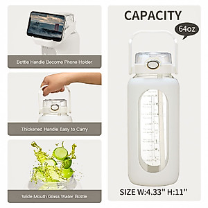 chunmo 64oz Glass Water Bolttles with Straw Half Gallon Large Motivational Water Bottle with Time Marker Sports Water Bottles with Silicone Sleeve and Handle Lid Water Jug for Gym Workout