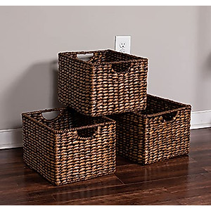 BIRDROCK HOME Storage Shelf Baskets with Handles - Set of 3 - Abaca Seagrass Wicker Basket - Pantry Bathroom Shelves Organization - Natural Under Shelf Basket - Handwoven (Brown Wash)
