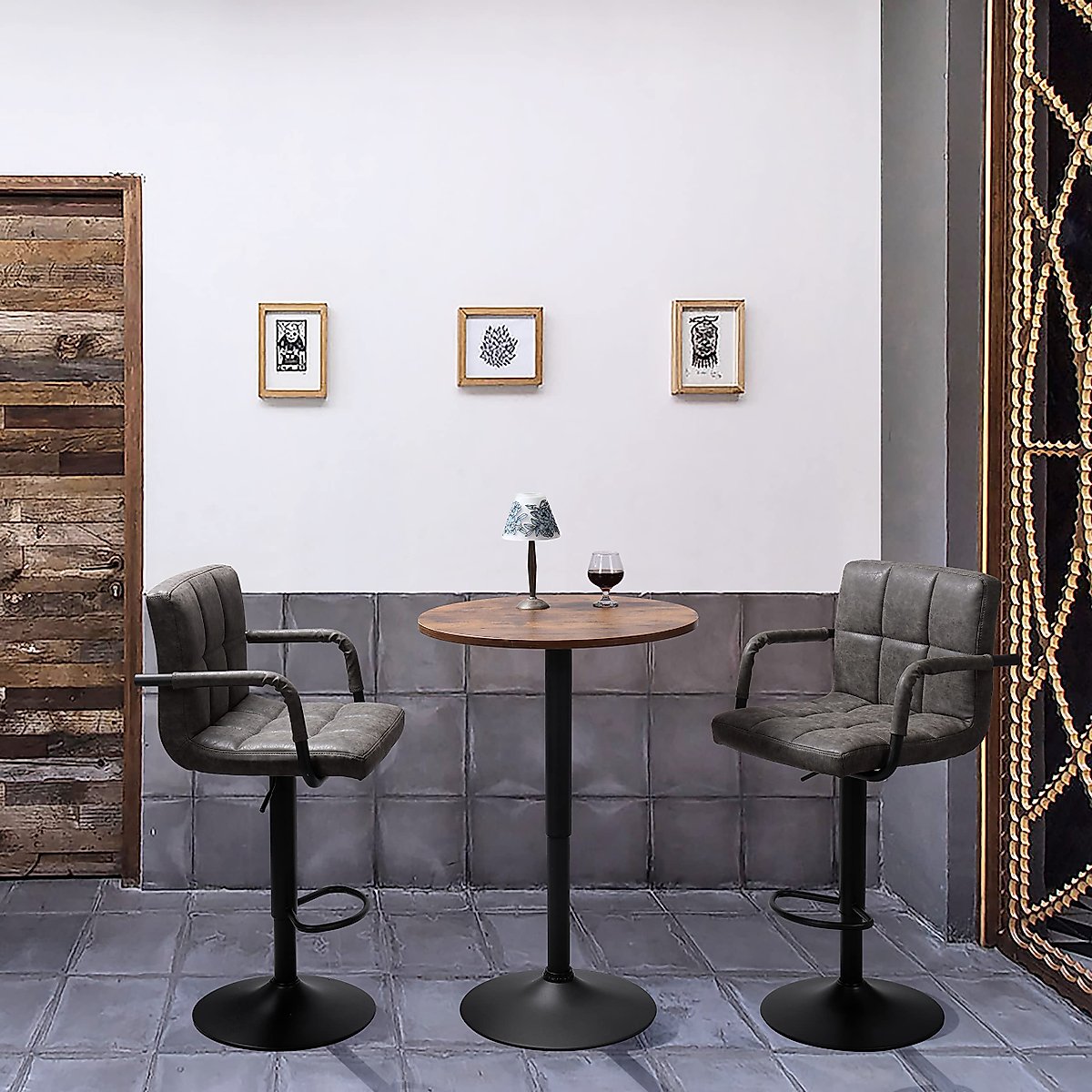 Finnhomy Bar Stools Set of 2 Counter Height, Swivel Barstools with Armrest and L Shape Thicken Cushion Back, Height Adjustable Modern Bar stools for Kitchen, Vintage Leather, Retro Grey