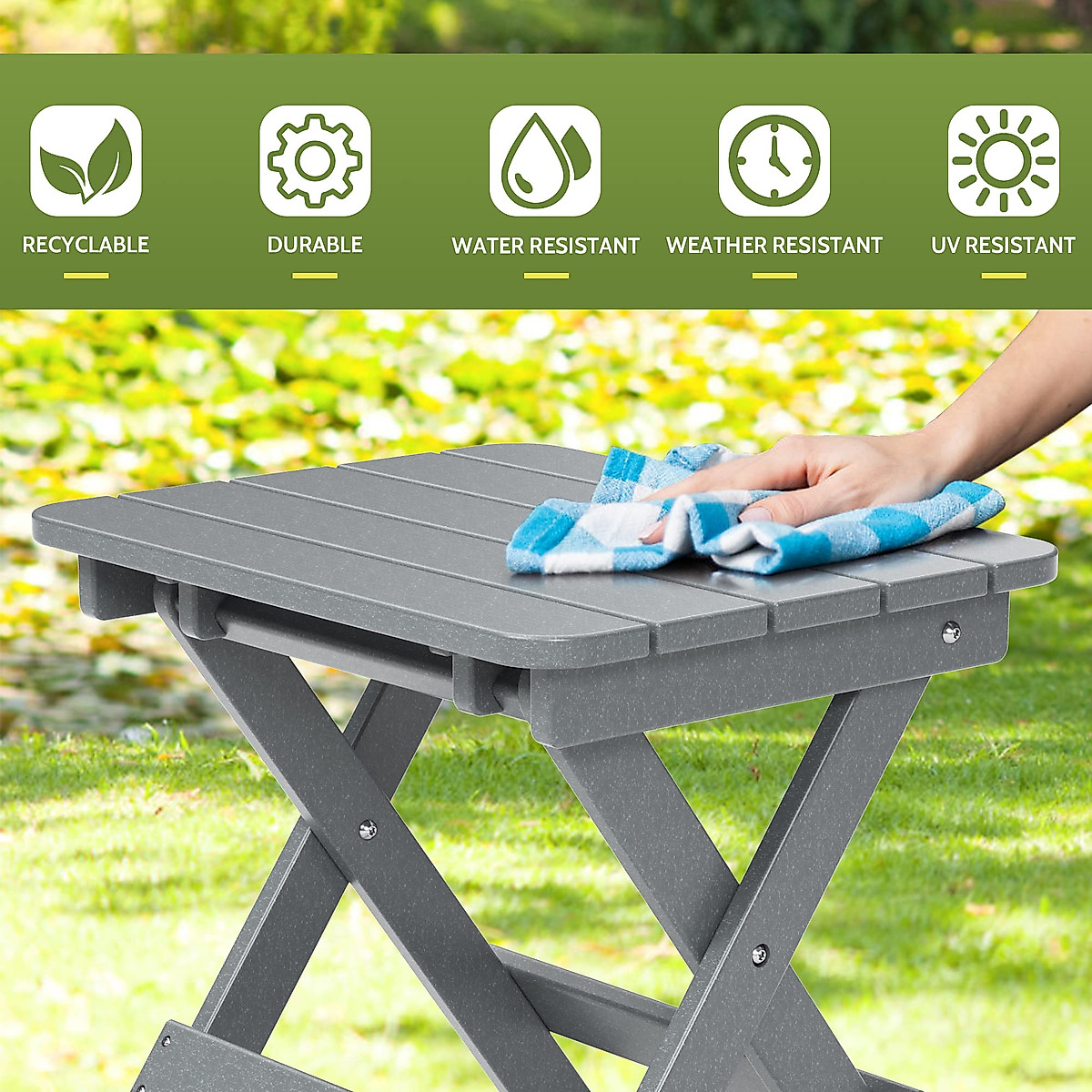 TORVA Outdoor Adirondack Foldable Side Table,Patio End Table for Poolside Garden, Weather Resistant Coffee Table -Plastic High-Density PE（Gray Color-floldable