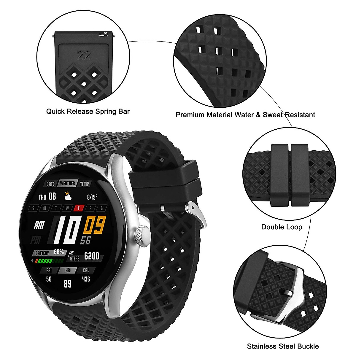 Anbeer Fluororubber Watch Band,22mm Quick Release Watch Strap for Men and Women,Black with Silver Buckle